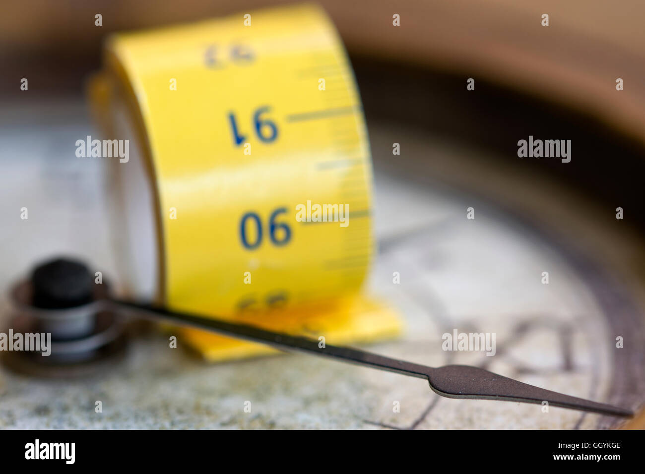 tape-measure wrapped around at a hands of an old clock. Time measure ...