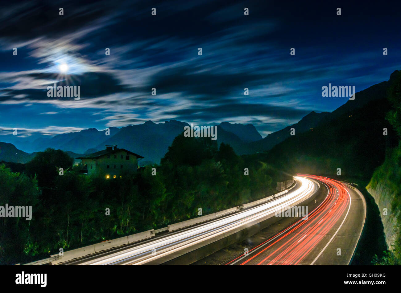 Kuchl: A10 motorway at full moon, Austria, Salzburg, Tennengau Stock ...