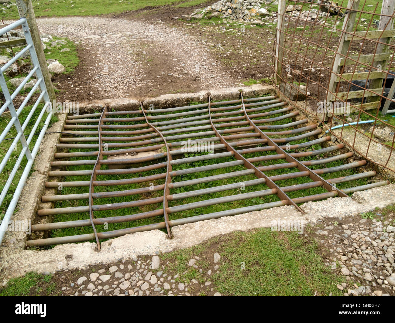 Wonky, bent, damaged, distorted, old, steel, metal, "cattle grid", Isle ...