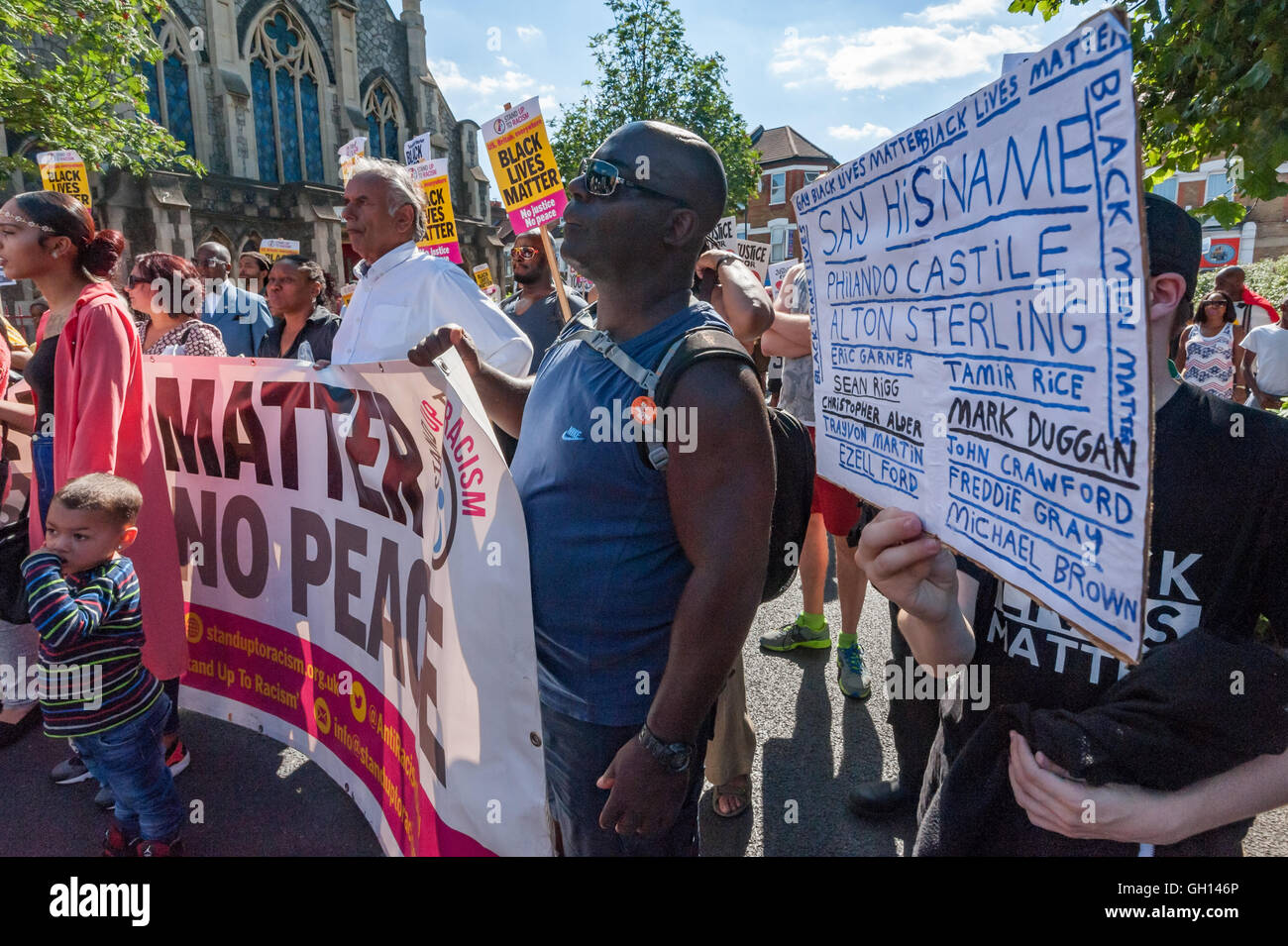 London, UK. 6th August 2016. A poster lists the names of some Blck ...