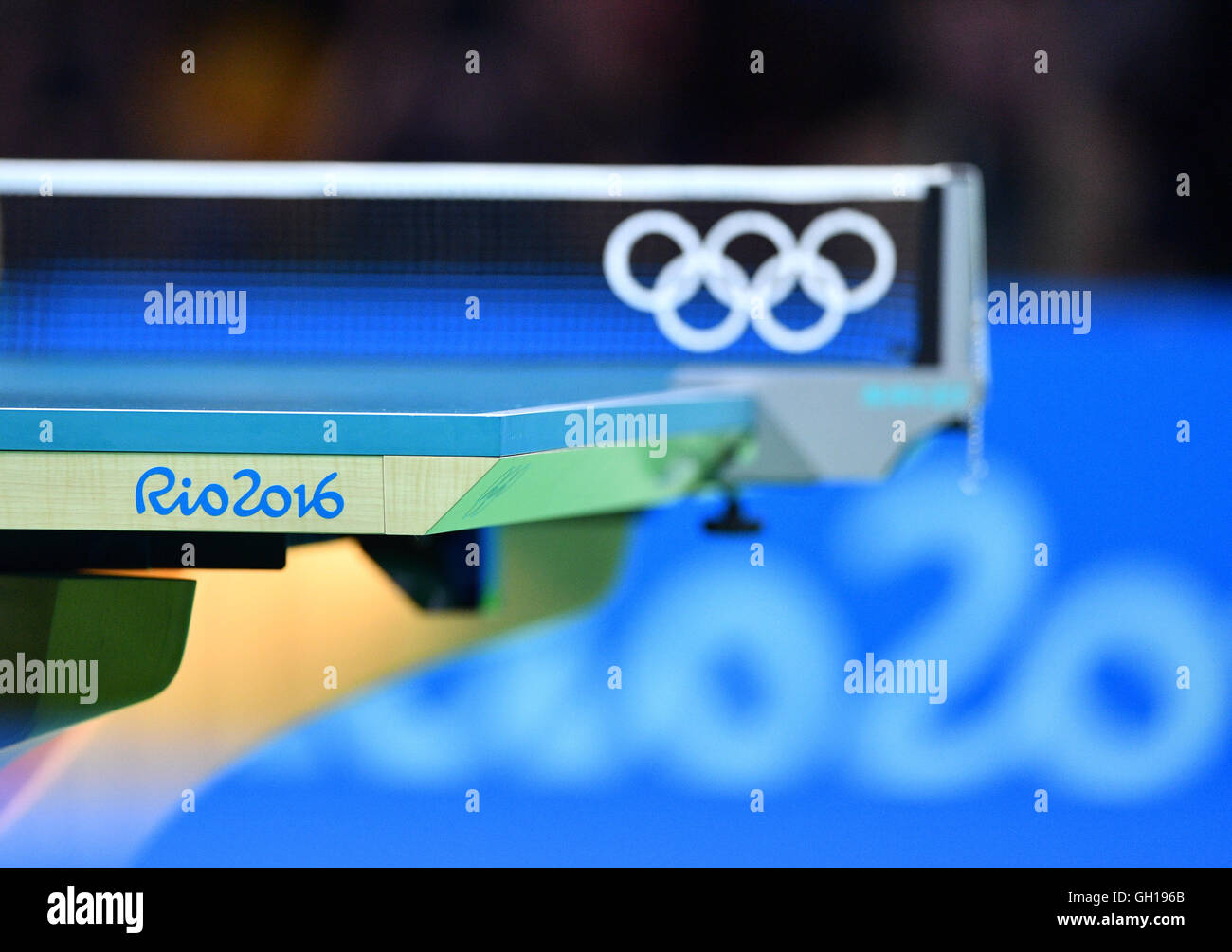 Rio de Janeiro, Brazil. 7th Aug, 2016. Ping-pong table with Olympic ...