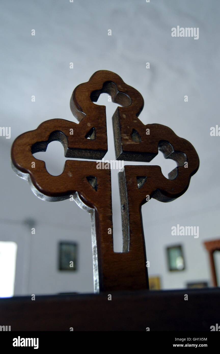 Brown wooden orthodox crosses in a chapel Stock Photo - Alamy