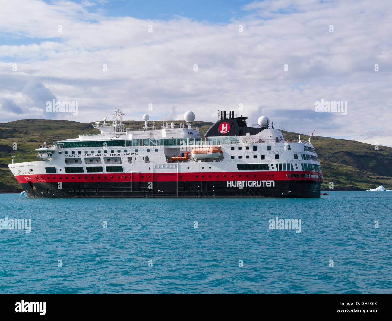 MV Fram cruise ship moored in Tunulliarfik Fjord at Qassiarsuk Southern ...