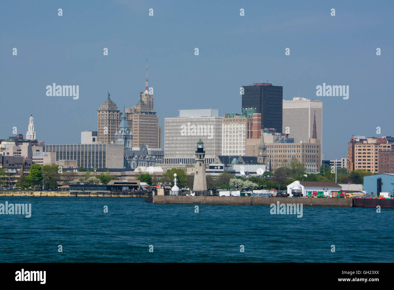 New York, lake view of Buffalo city skyline, with lighthouse Stock ...