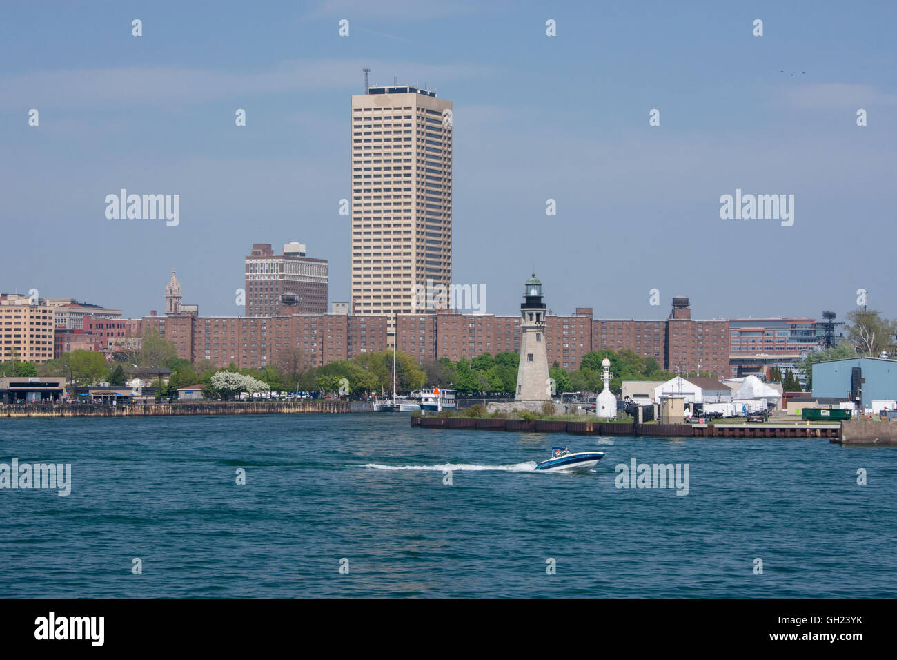 New York, lake view of Buffalo city skyline, with lighthouse Stock ...