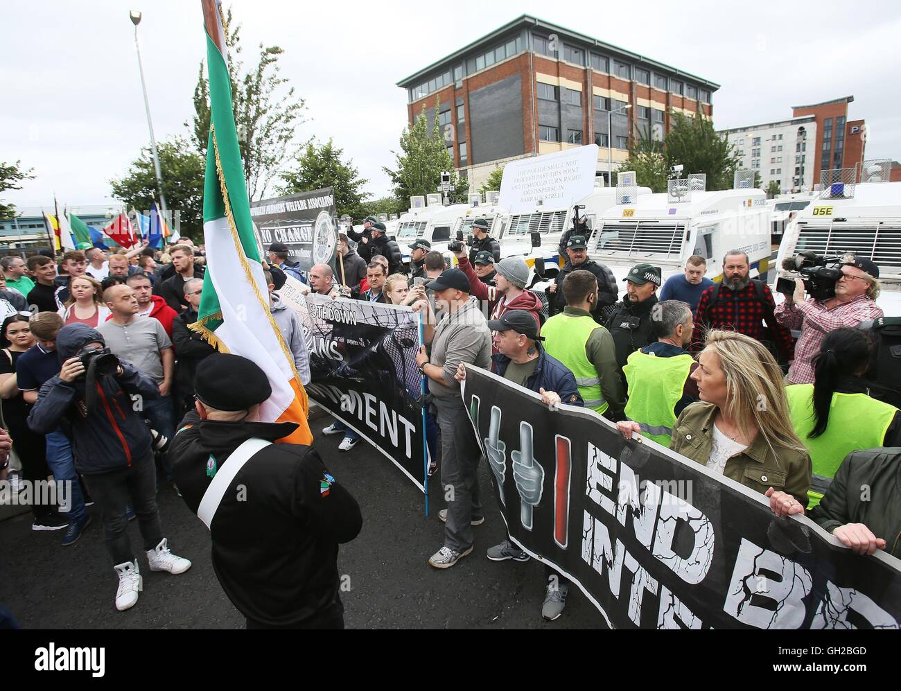 An anti-internment march is stopped at the junction of Divis Street and ...