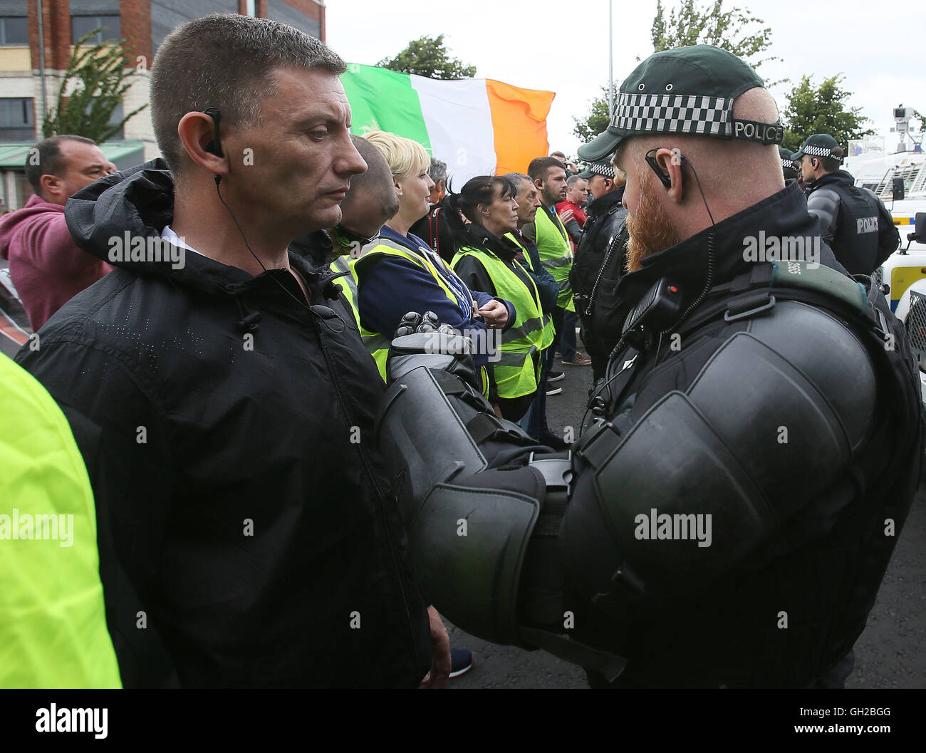 An anti-internment march is stopped at the junction of Divis Street and ...