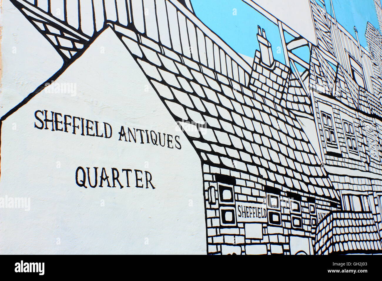Detail of a street art mural depicting the Antiques Quarter in ...