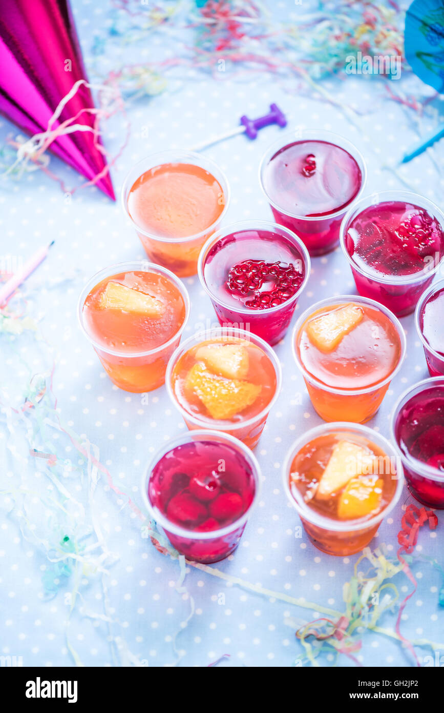 fruit jelly, birthday or garden kids party food on vibrant table Stock ...