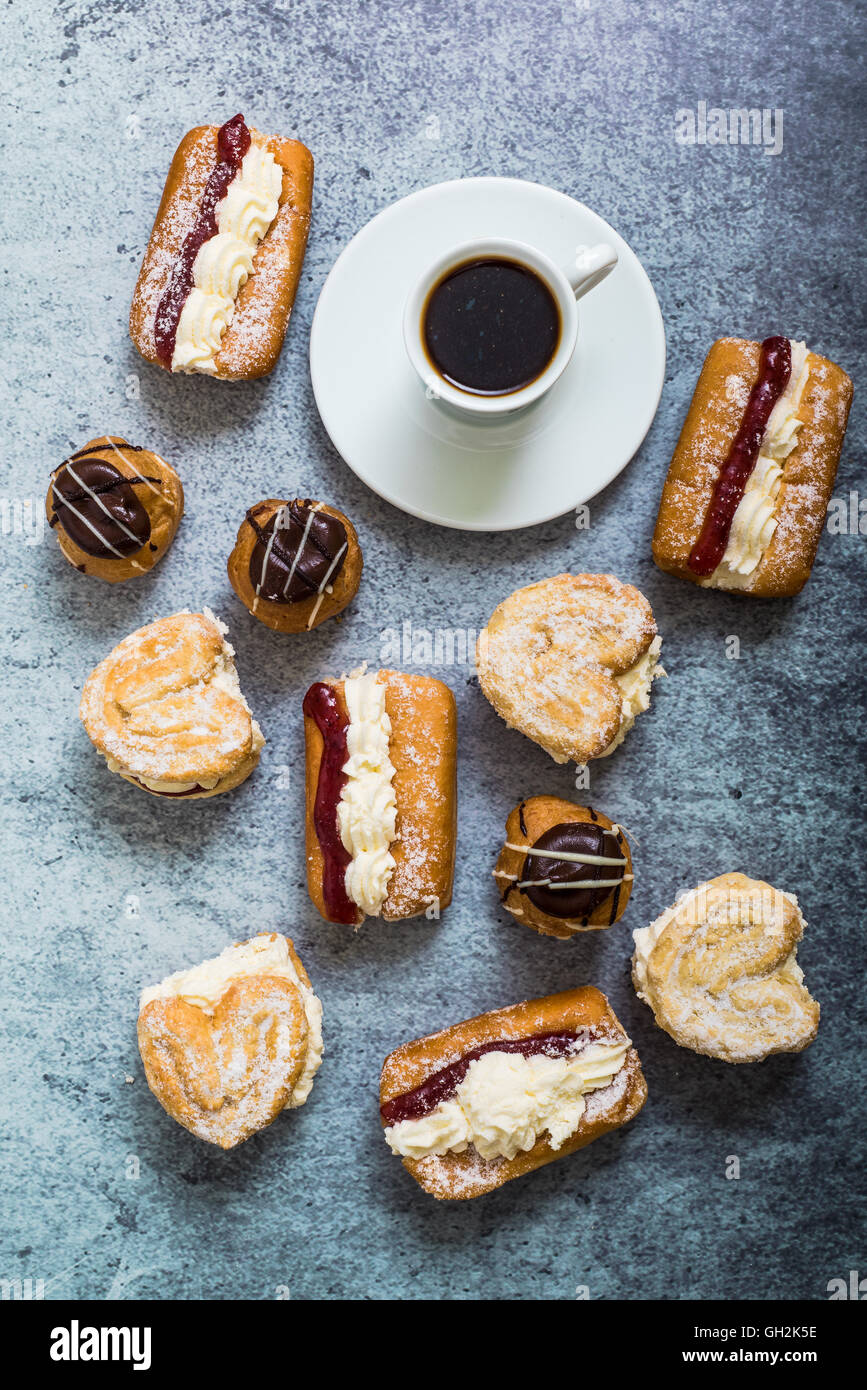 sweet pastry and espresso coffee, top view Stock Photo - Alamy