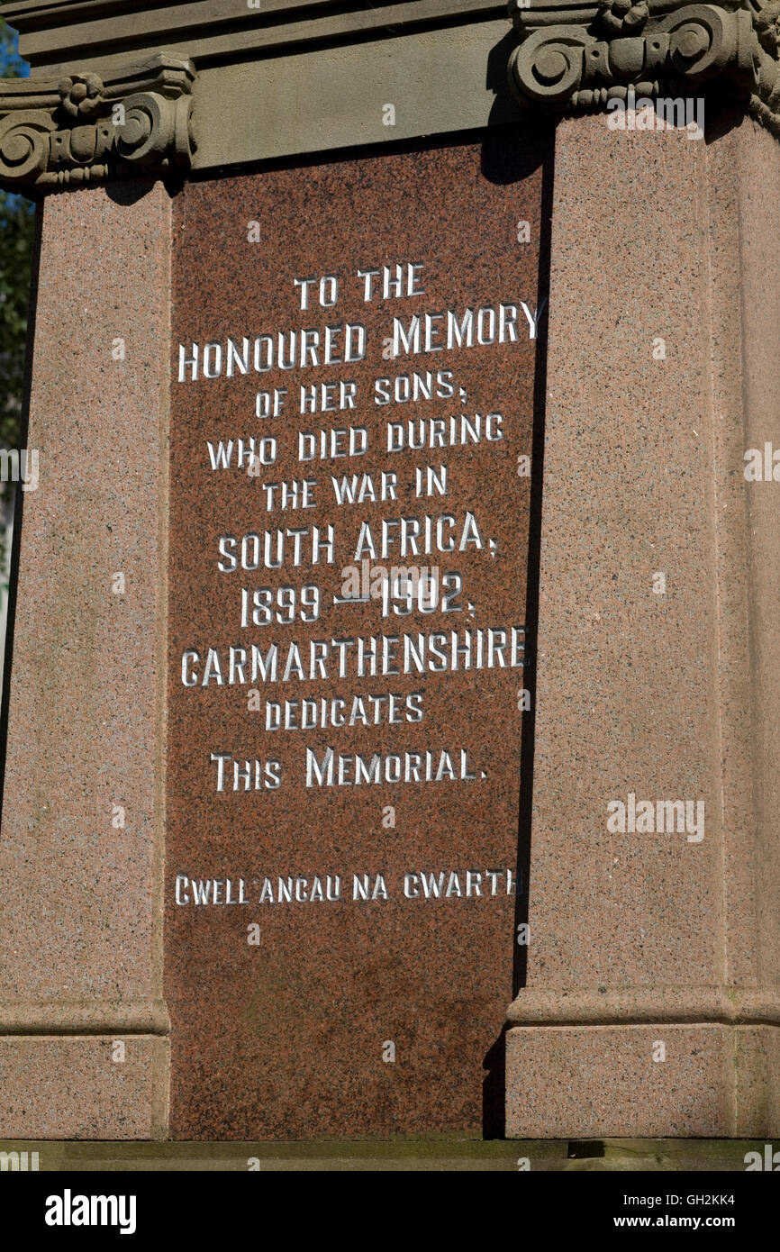 Inscription on Boer war memorial in Carmarthen Stock Photo - Alamy