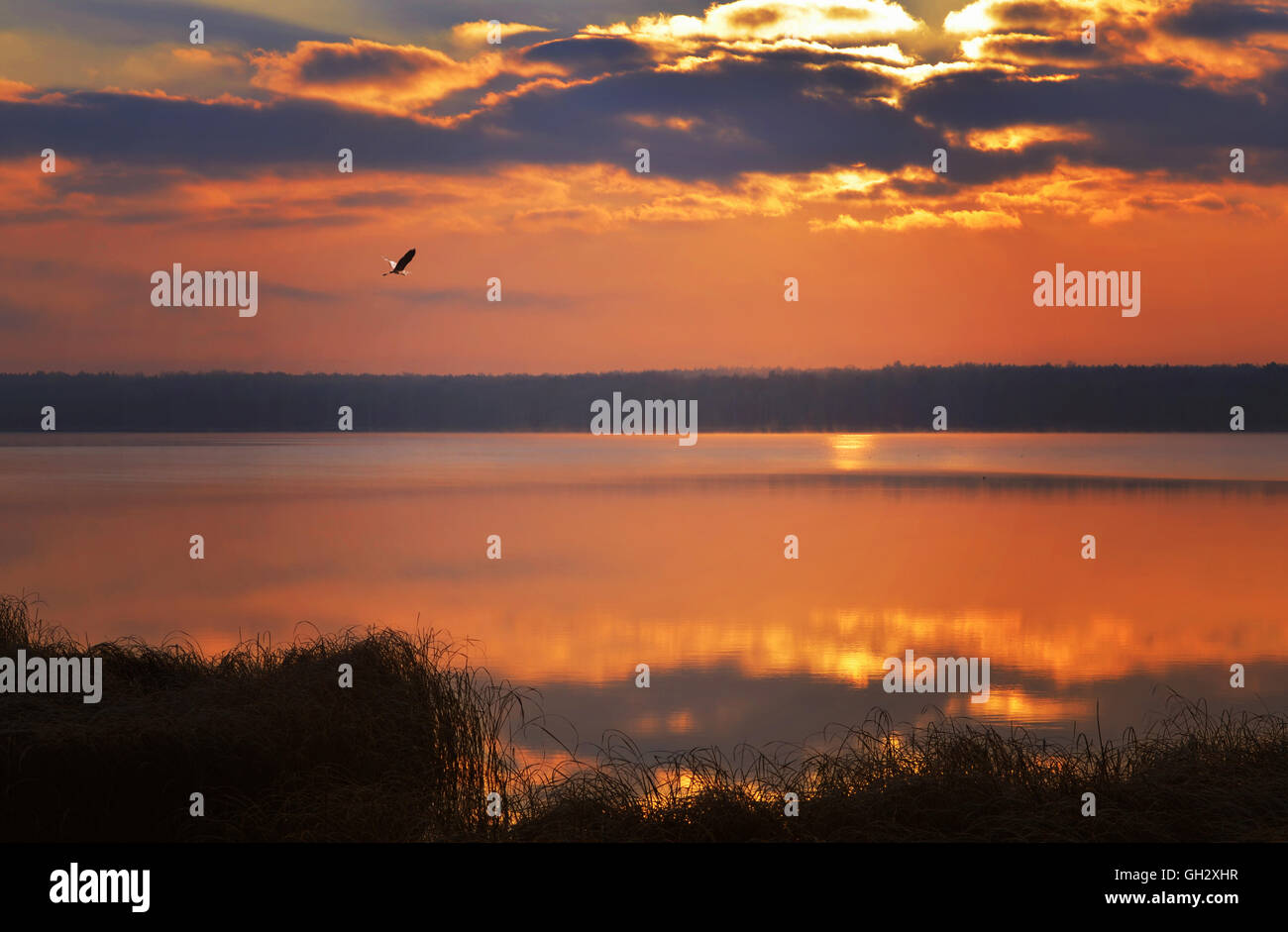 Sunrise over the lake early in the morning with beautiful clouds Stock ...