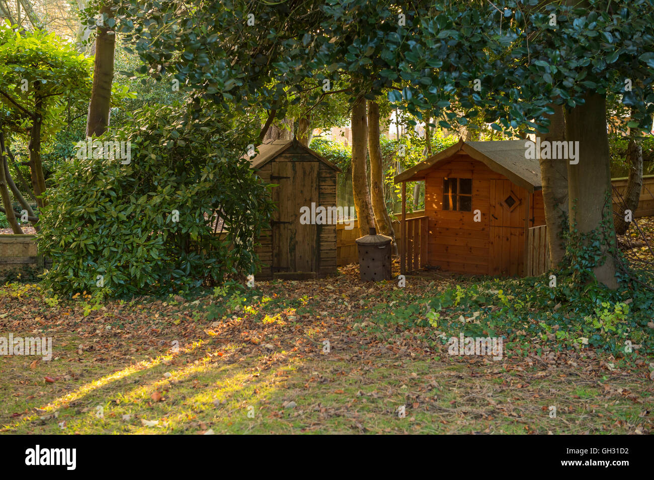 Autumnal view of wooden shed and playhouse nestling under trees on a ...