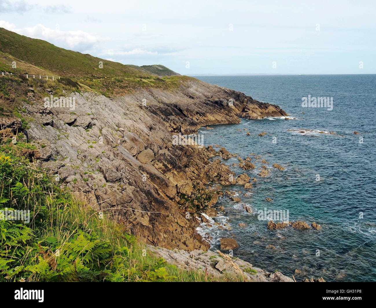 Steeply dipping carboniferous limestone beds forming sloping cliff line ...