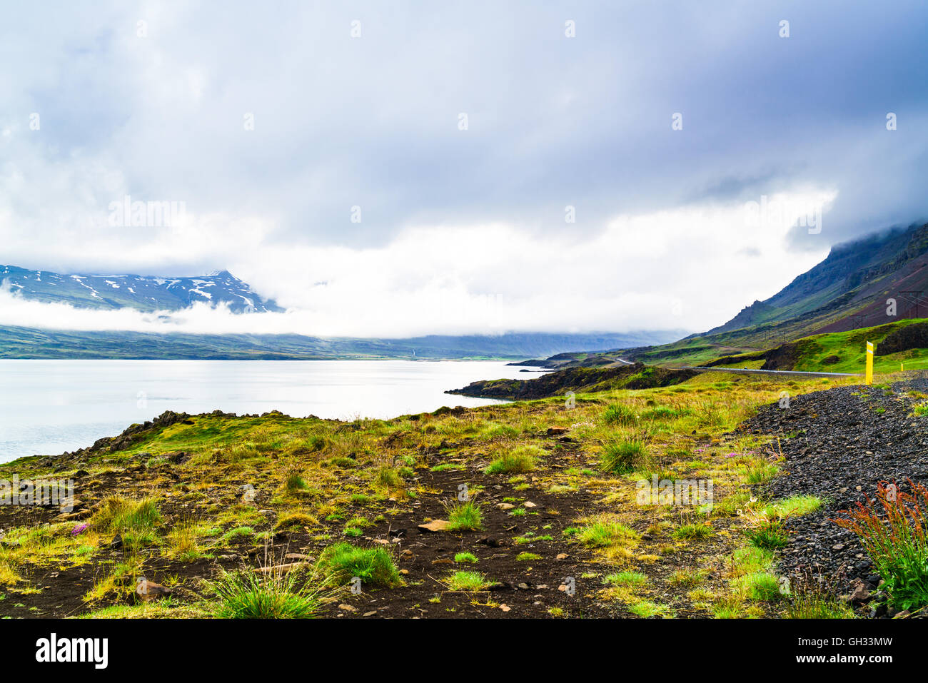 View of mountain and rain clouds in north Iceland in summer Stock Photo ...