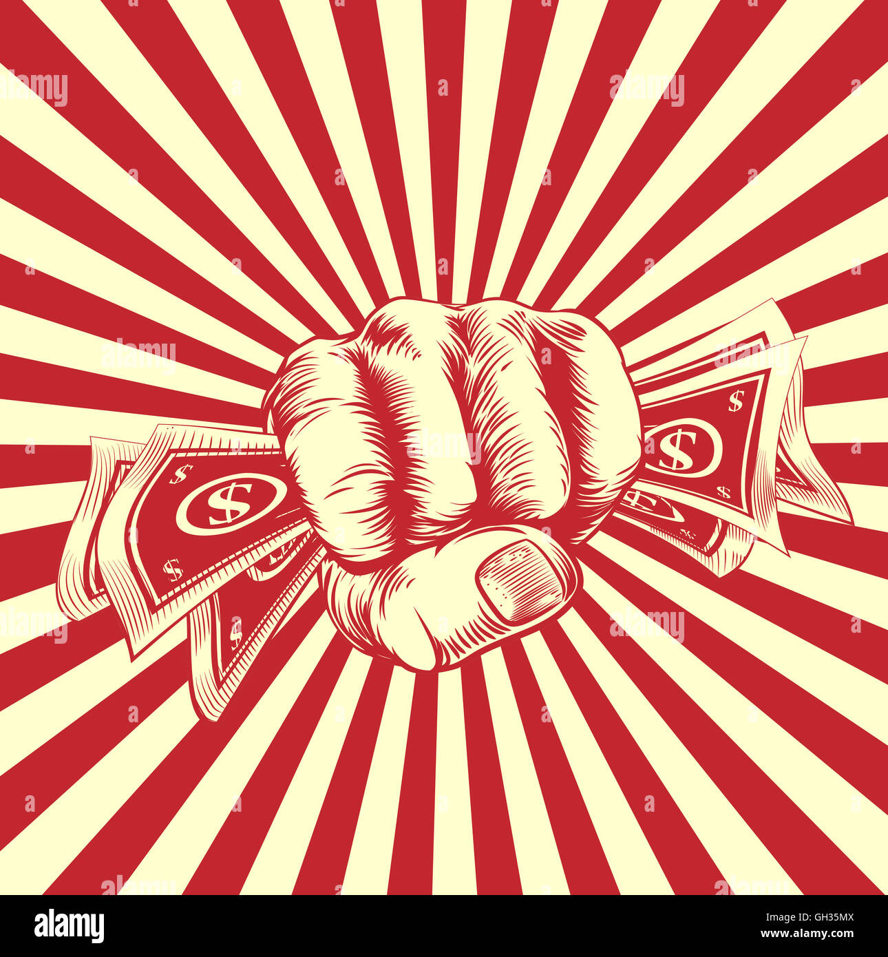 A hand holding money cash in a vintage propaganda poster wood cut style ...