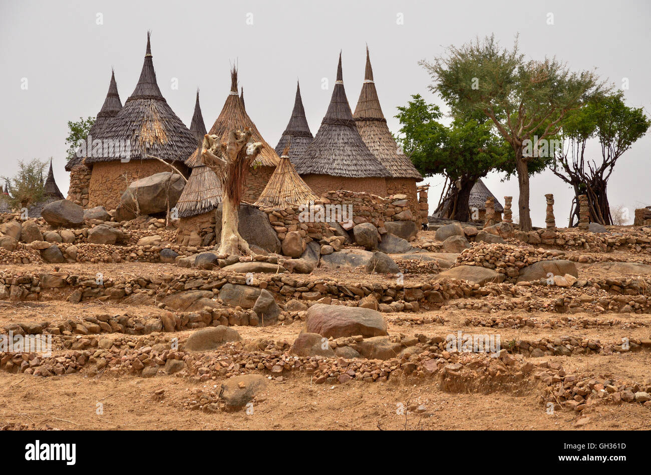 geography / travel, Cameroon, village with typical thatched circular ...
