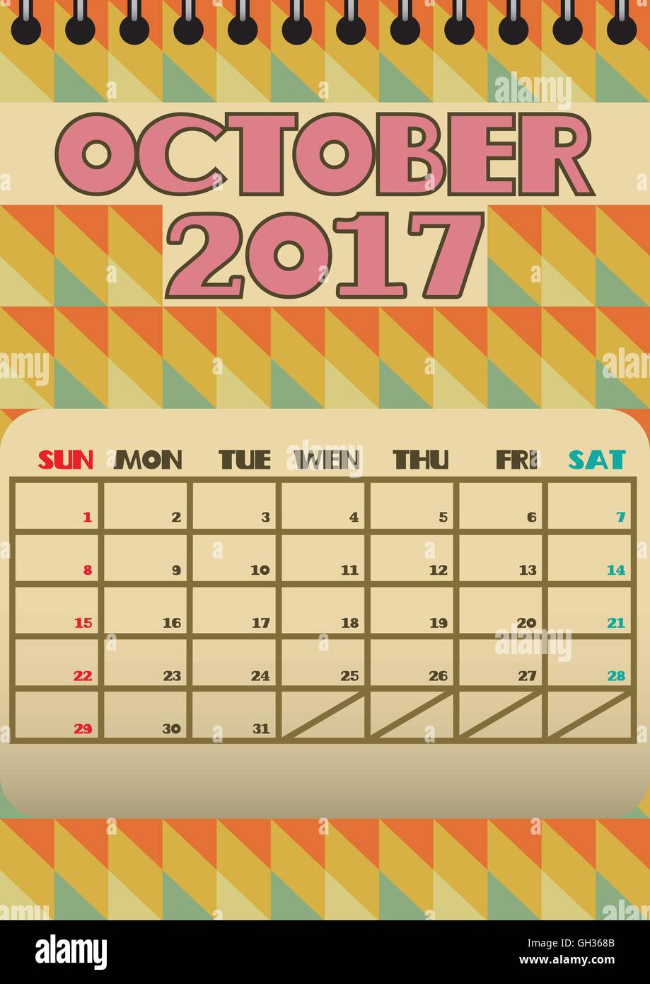October 2017 Retro Calendar, starts with Sunday. Vector file contains ...