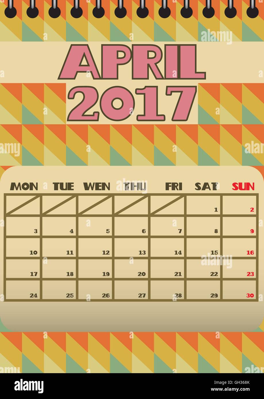 April 2017 Retro Calendar, starts with Monday. Vector file contains ...