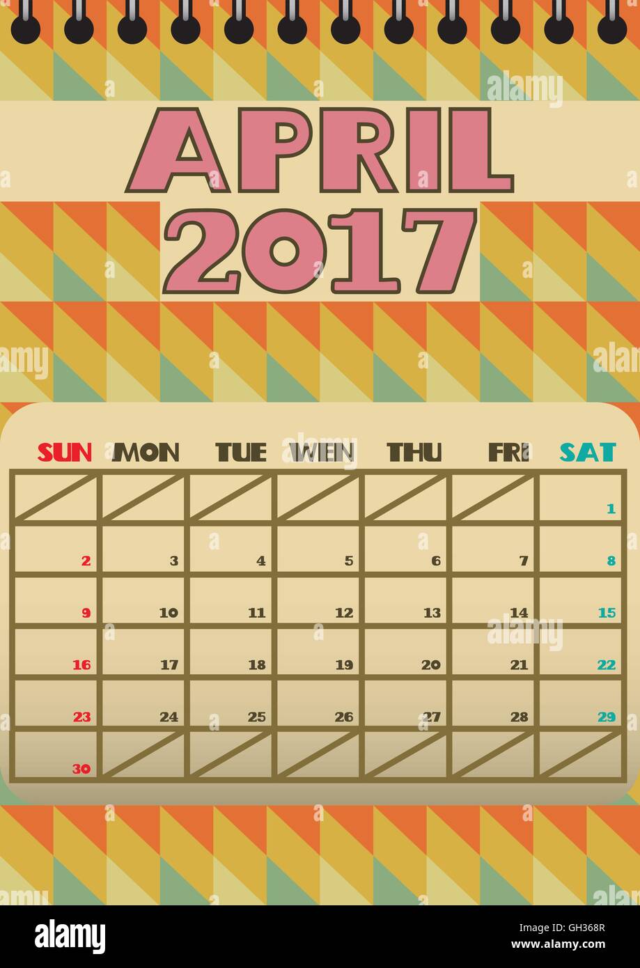 April 2017 Retro Calendar, starts with Sunday. Vector file contains ...