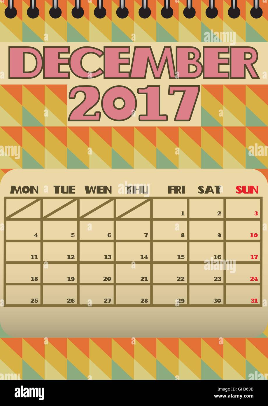 December 2017 Retro Calendar, starts with Monday Vector file contains ...