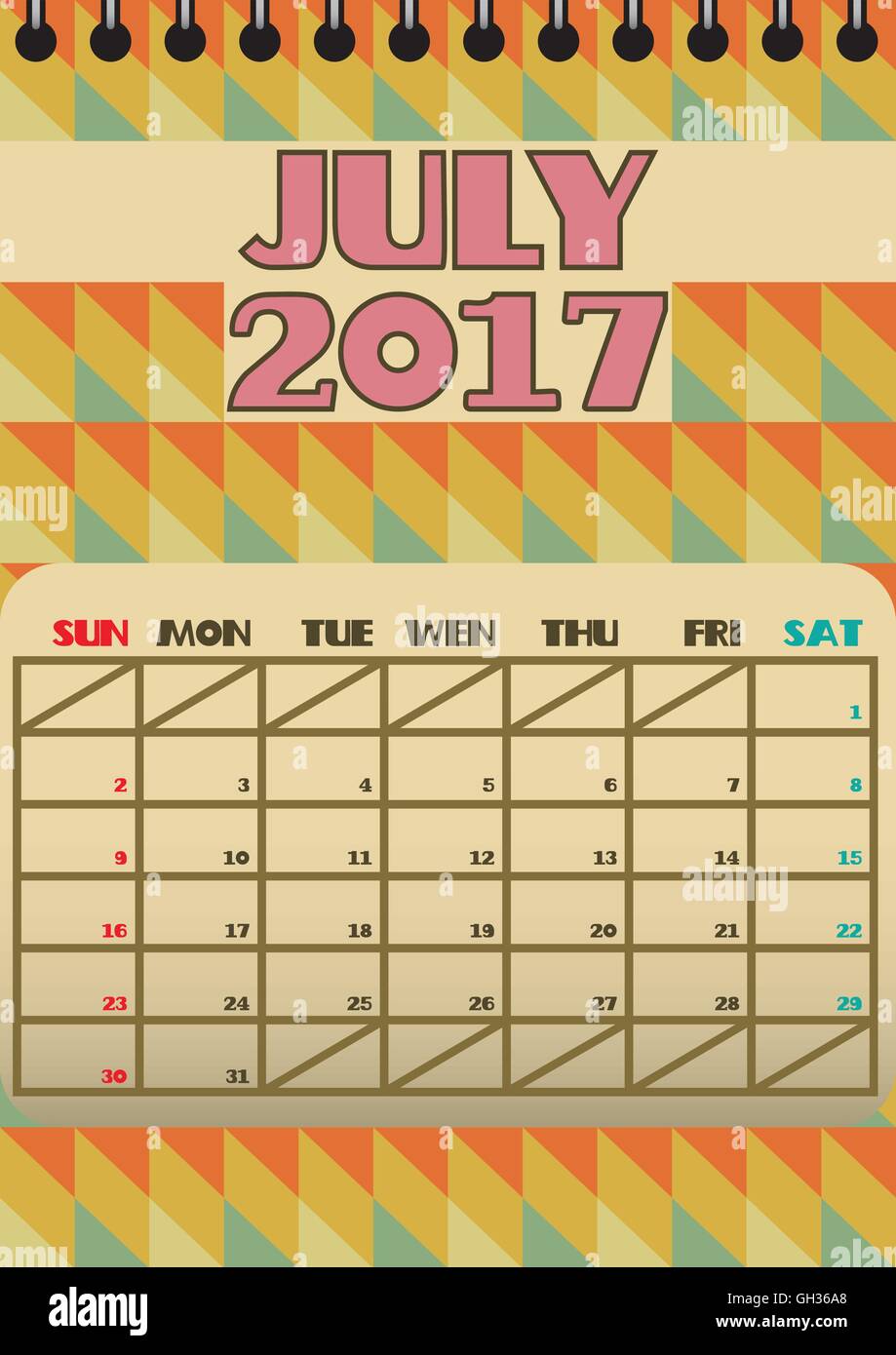 July 2017 Retro Calendar, starts with Sunday. Vector file contains ...