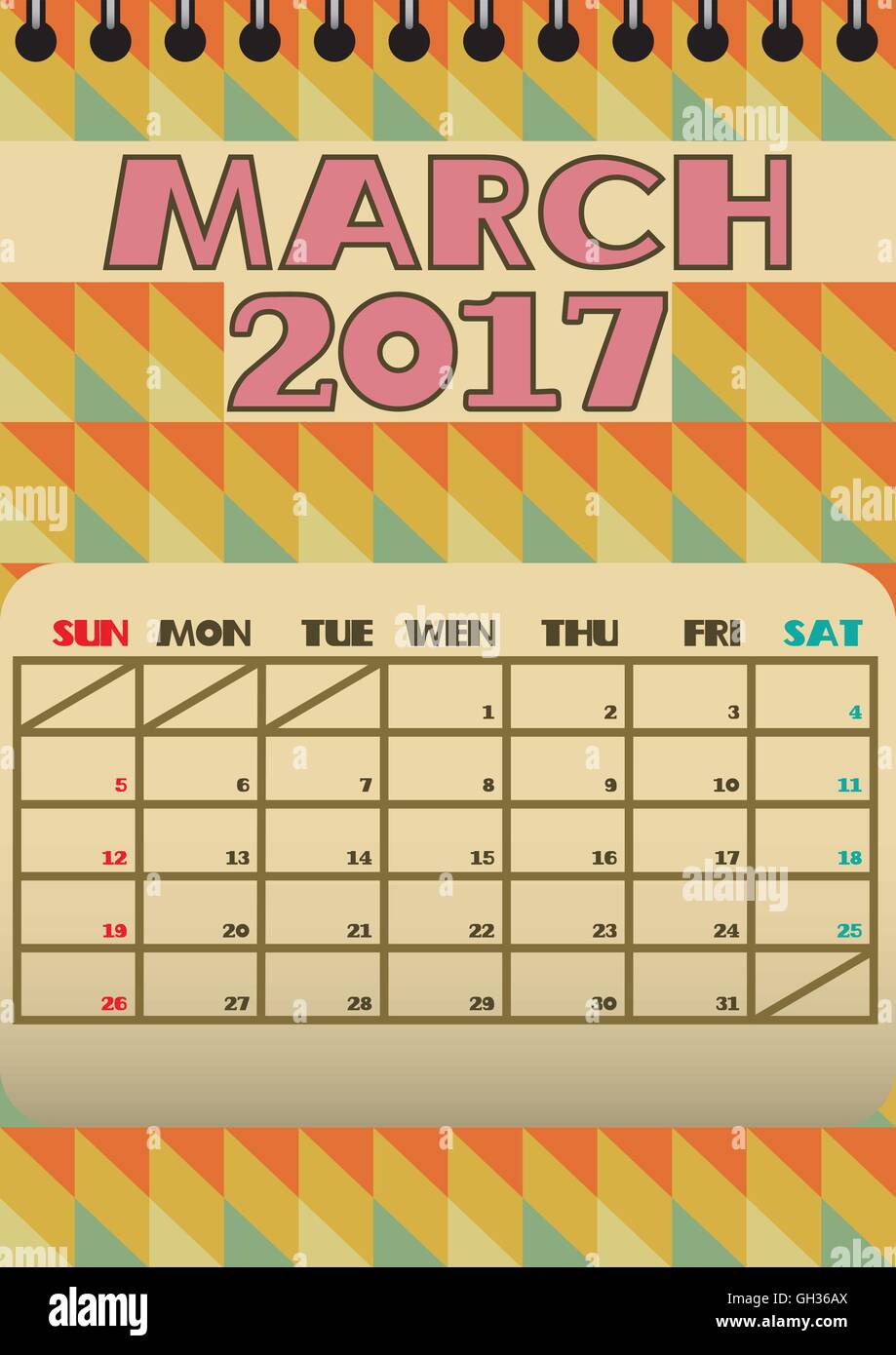 March 2017 Retro Calendar, starts with Sunday. Vector file contains ...