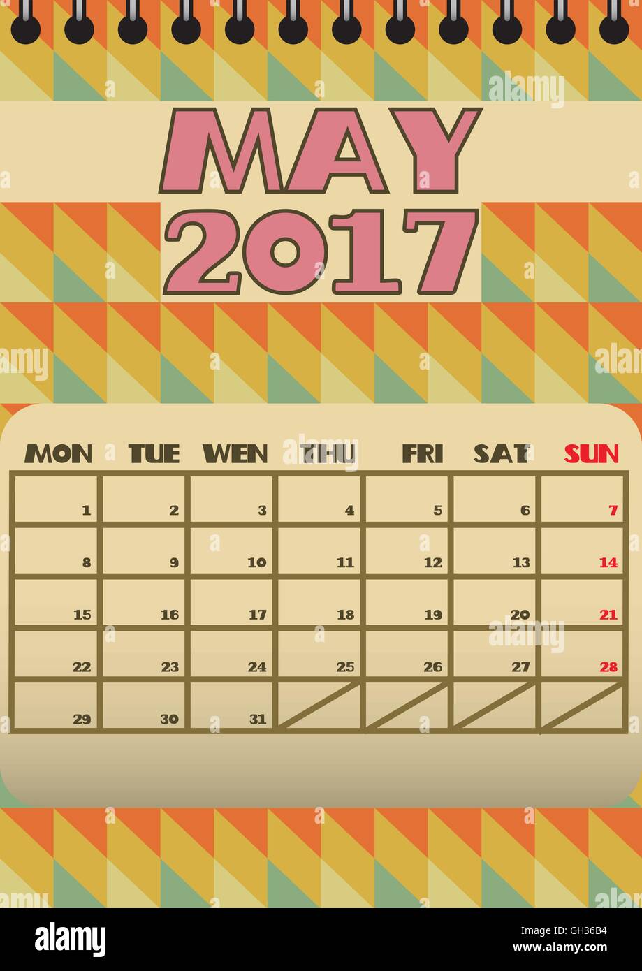 May 2017 Retro Calendar, starts with Monday. Vector file contains ...