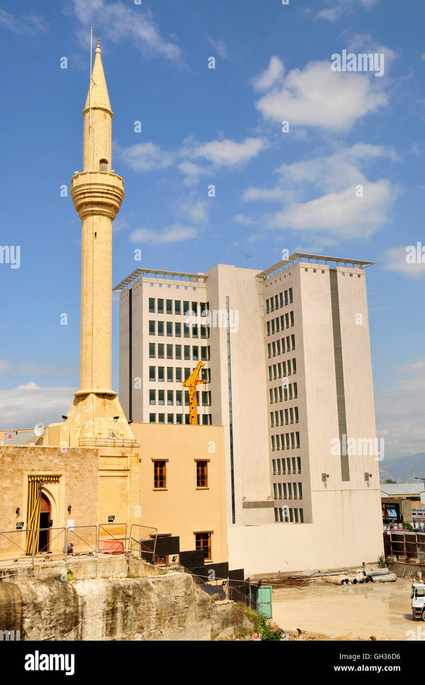 geography / travel, Lebanon, minaret in front of multi-storey building ...