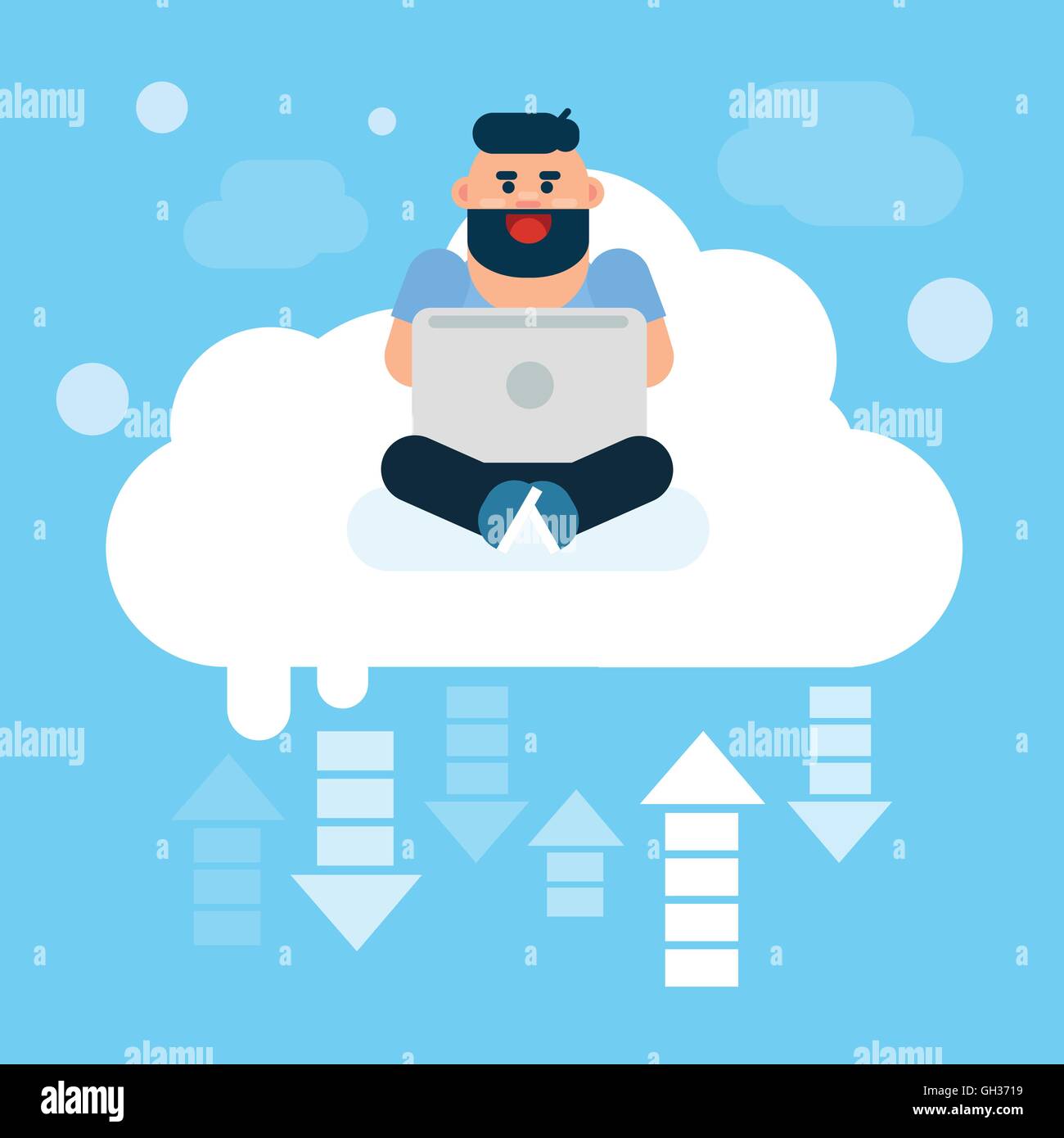 Man Sitting on Clouds Use Laptop Computer, Cloud Technology Online ...
