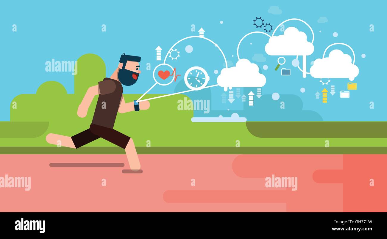 Man Run Fitness App Tracker Wearable Technologies Smart Watch Flat ...