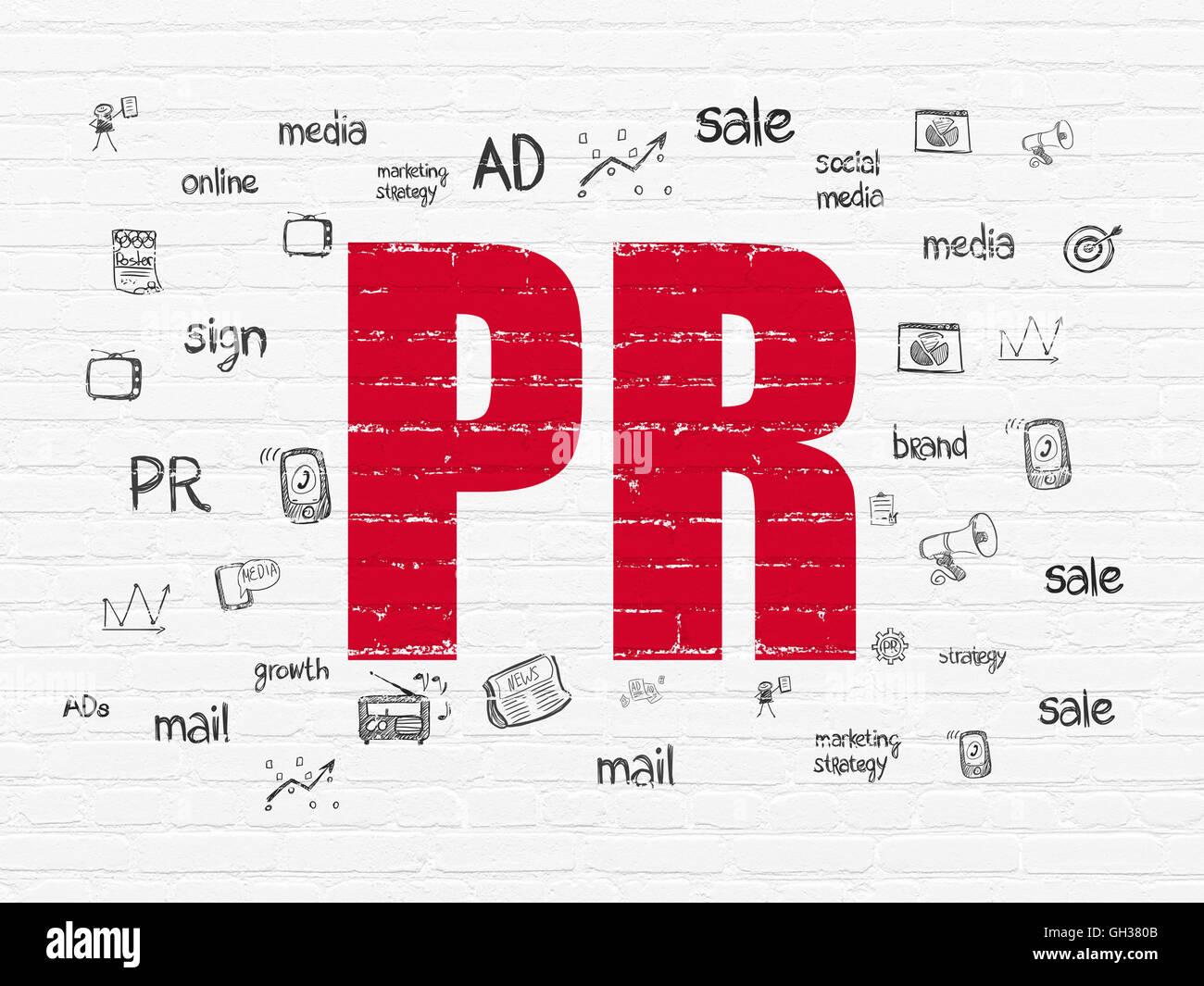 Marketing concept: PR on wall background Stock Photo - Alamy