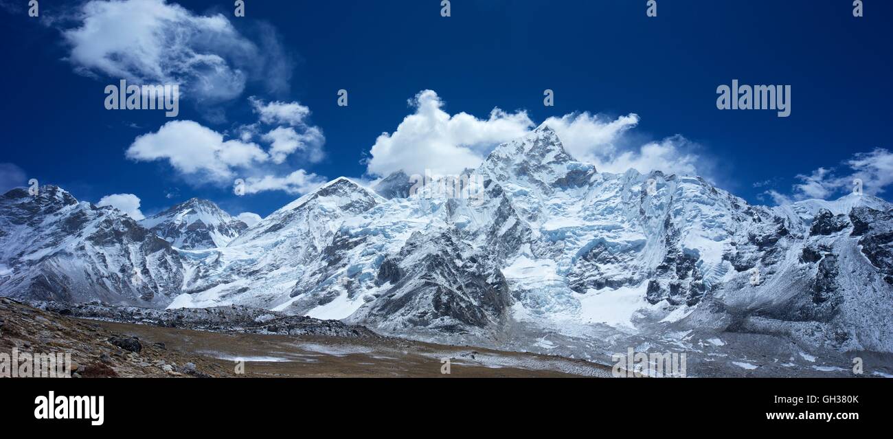 Panoramic photo of Khumbu glacier with Khumbutse, Changtse, Everest and ...