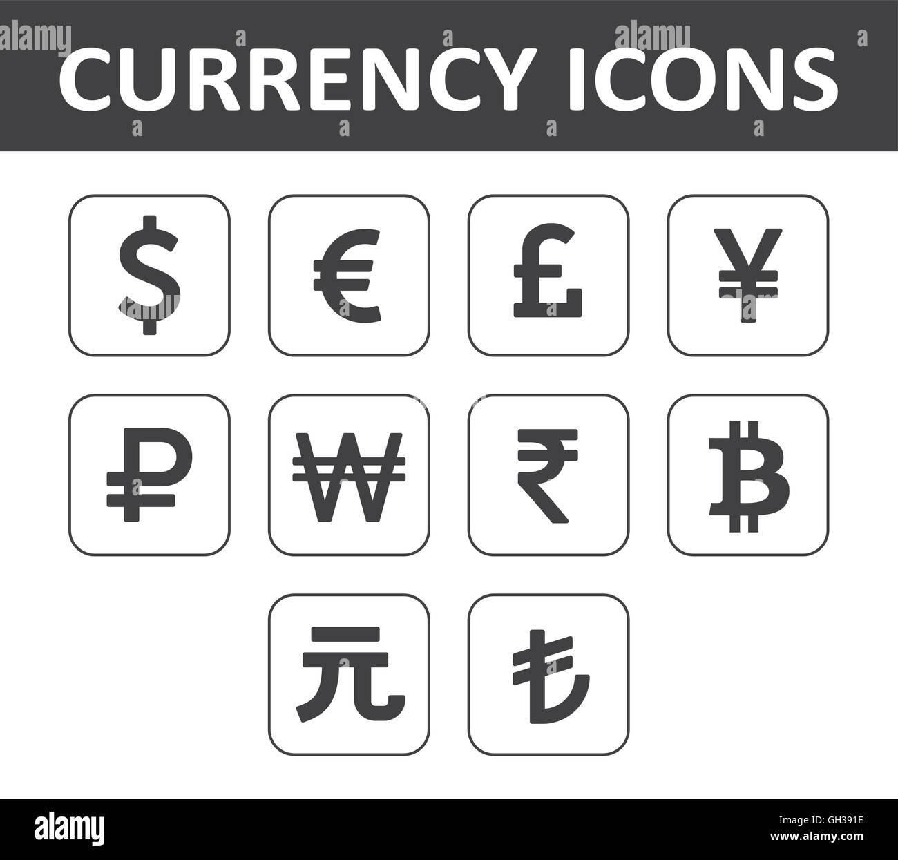 Currency Icons Set. Black over white background Stock Vector Image ...