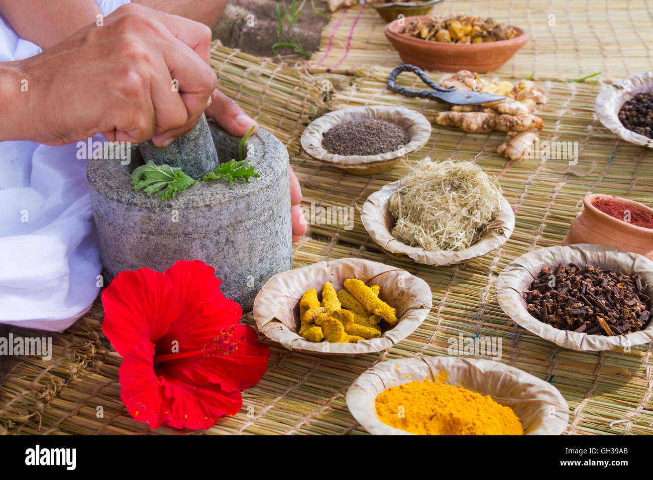 A young Indian doctor preparing traditional ayurvedic, herbal, medicine ...