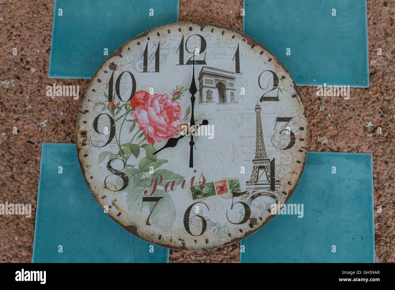 Vintage clock show 8 am or pm on wall Stock Photo - Alamy