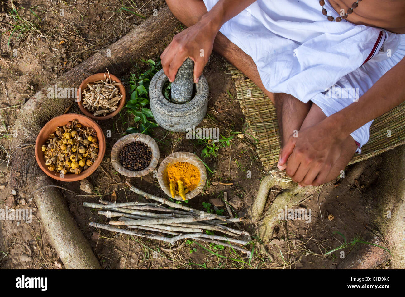 A young Indian doctor preparing traditional ayurvedic, herbal, medicine ...