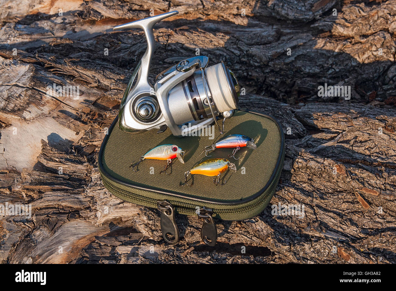 Fishing rod with fishing reel on the natural background. Assorted of ...