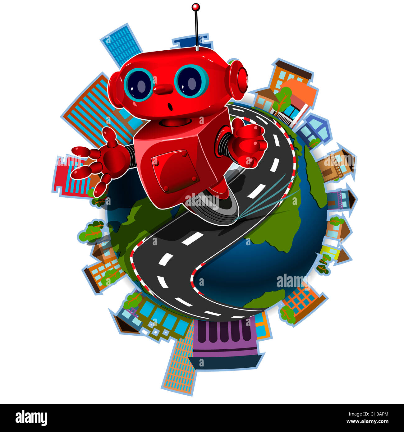 Illustration red robot on the road around the globe Stock Photo - Alamy
