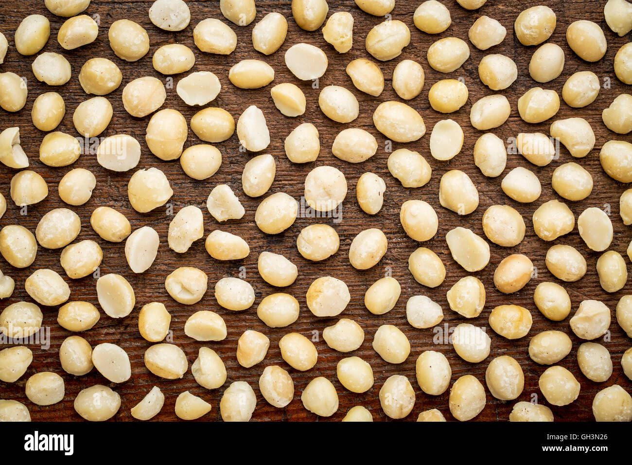 background texture of shelled macadamia nuts on rustic weathered wood ...