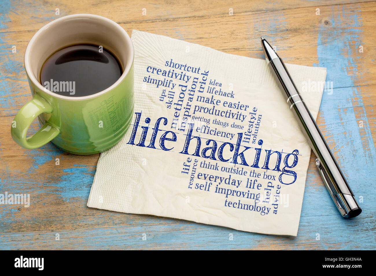 life hacking word cloud - handwriting on a napkin with cup of tea Stock ...