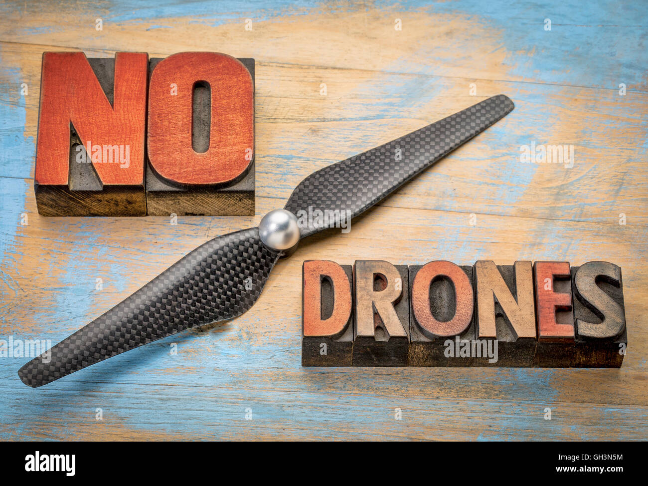 No drones sign or banner - word abstract in vintage letterpress wood ...