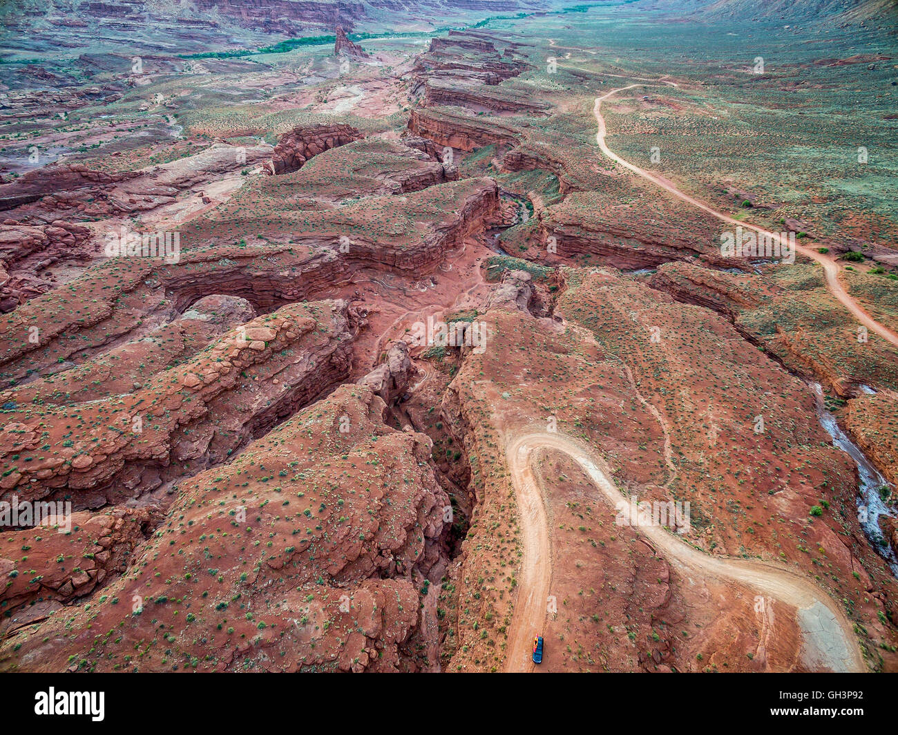 aerial view of a creek and road in canyon country near Moab, Utah Stock ...
