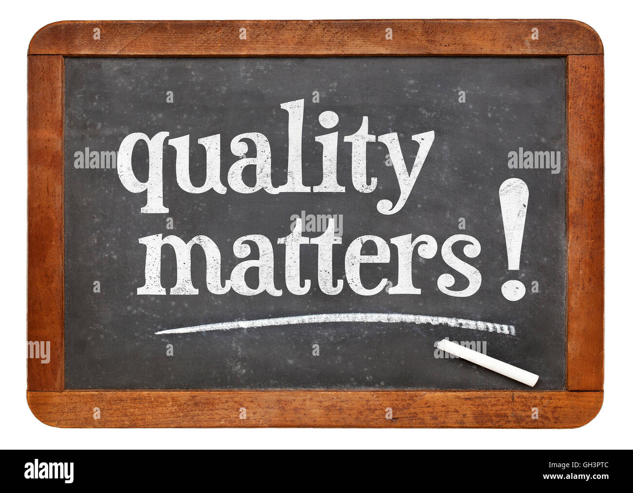 quality matters - white chalk text on a vintage slate blackboard Stock ...