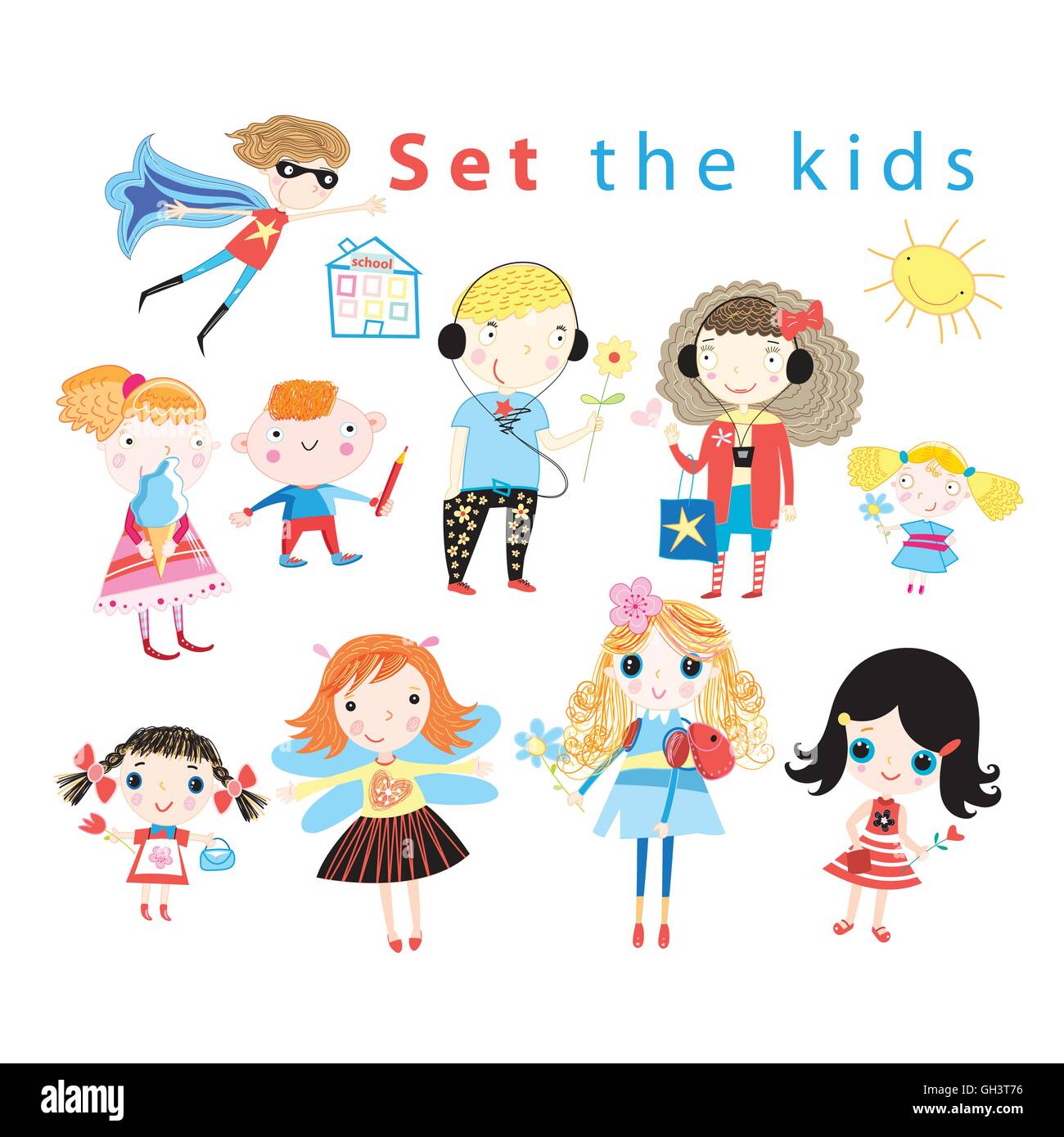 Graphic set of different funny kids on a white background Stock Vector ...