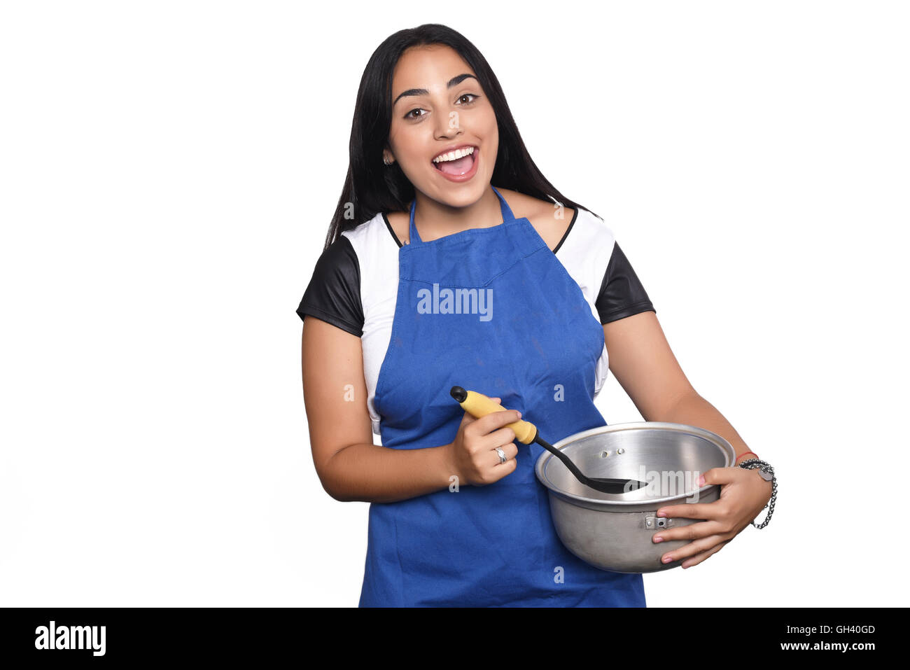 Young beautiful woman cooking. Isolated white background Stock Photo ...