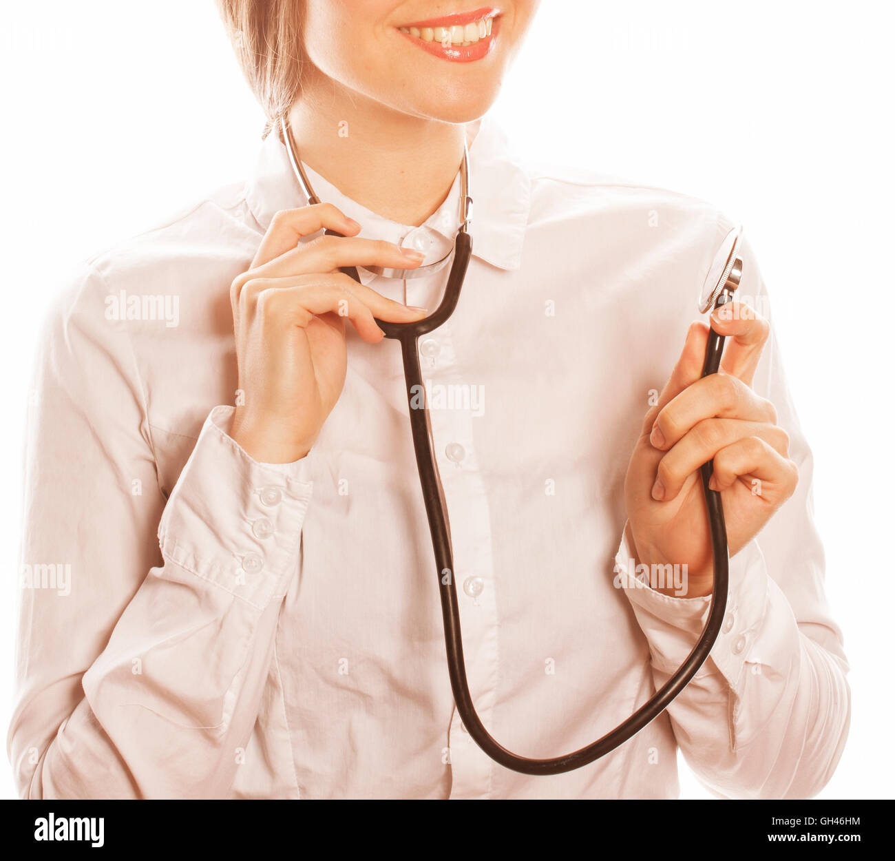 young pretty woman doctor with stethoscope on white background Stock ...
