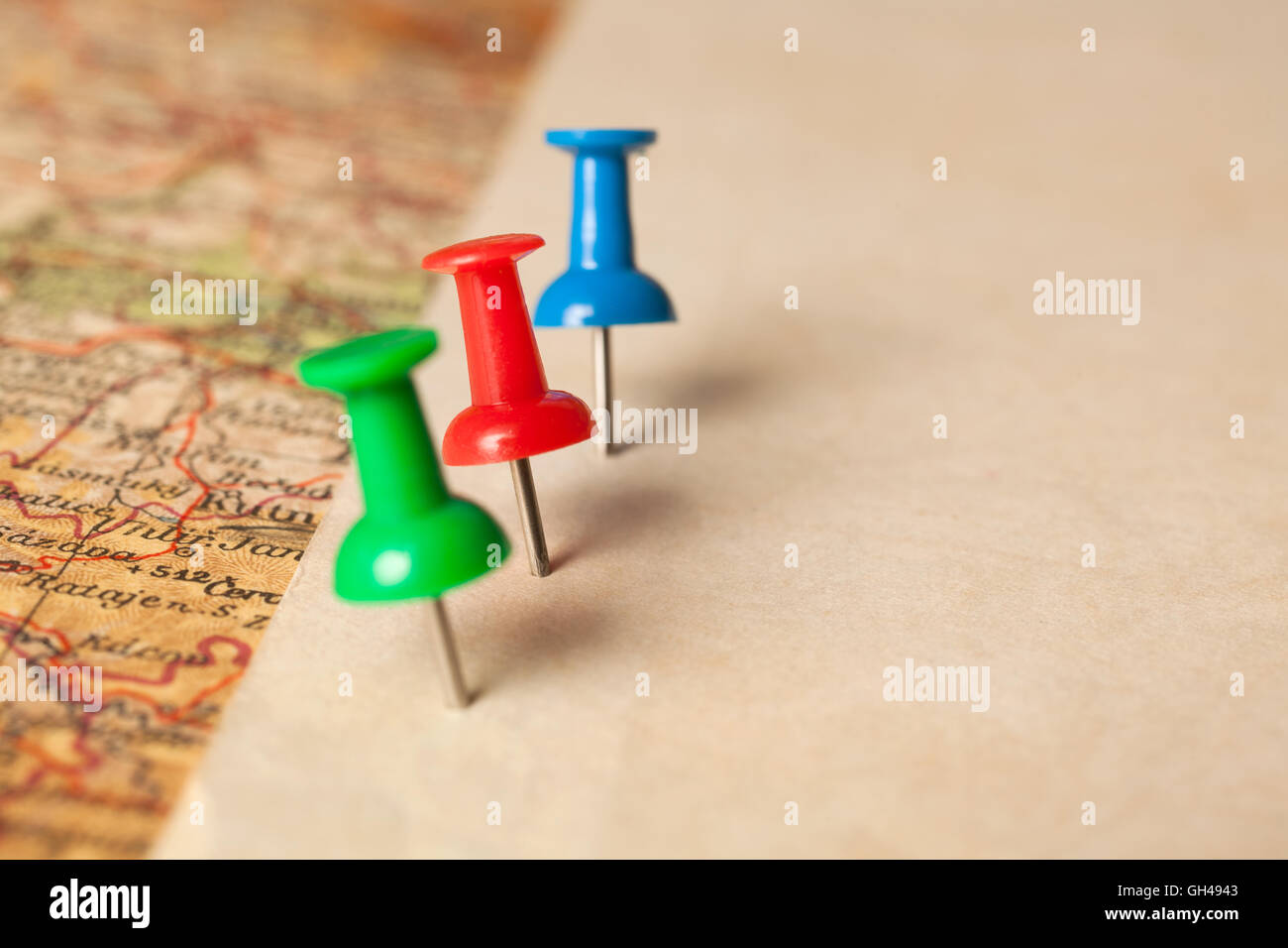 Push pins showing the location of a destination point on a map. Ready ...