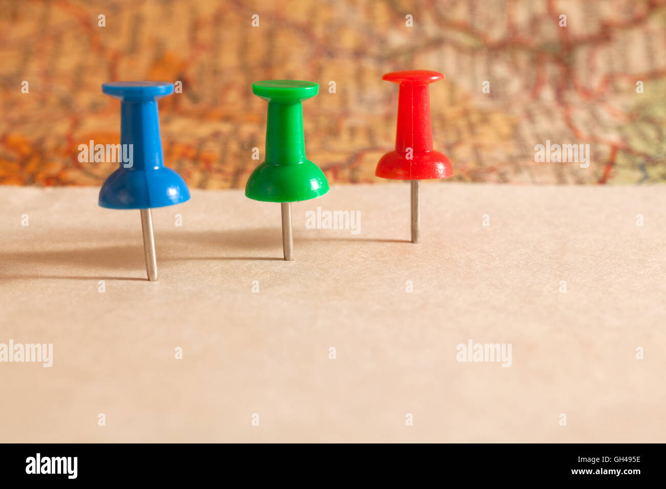 Push pins showing the location of a destination point on a map. Ready ...