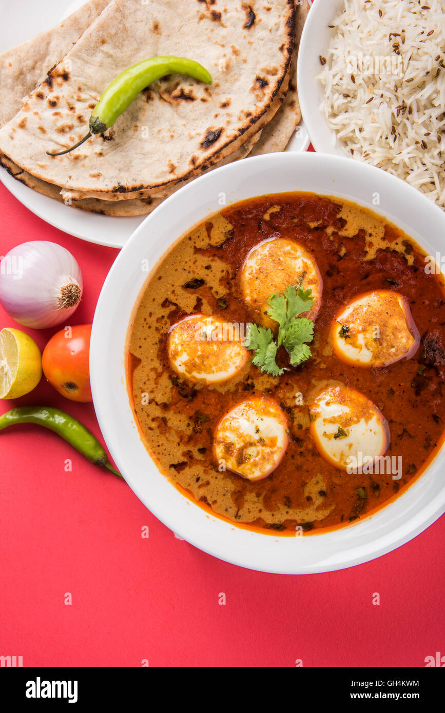 egg curry with roti/chapati and jeera rice, tasty and spicy anda curry ...